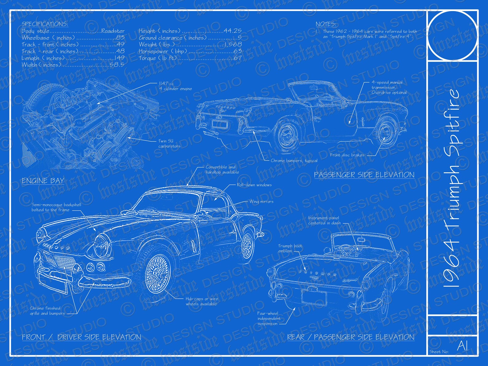 1964 Triumph Spitfire Blueprint Poster 18"x24" (digital Image File) - Etsy
