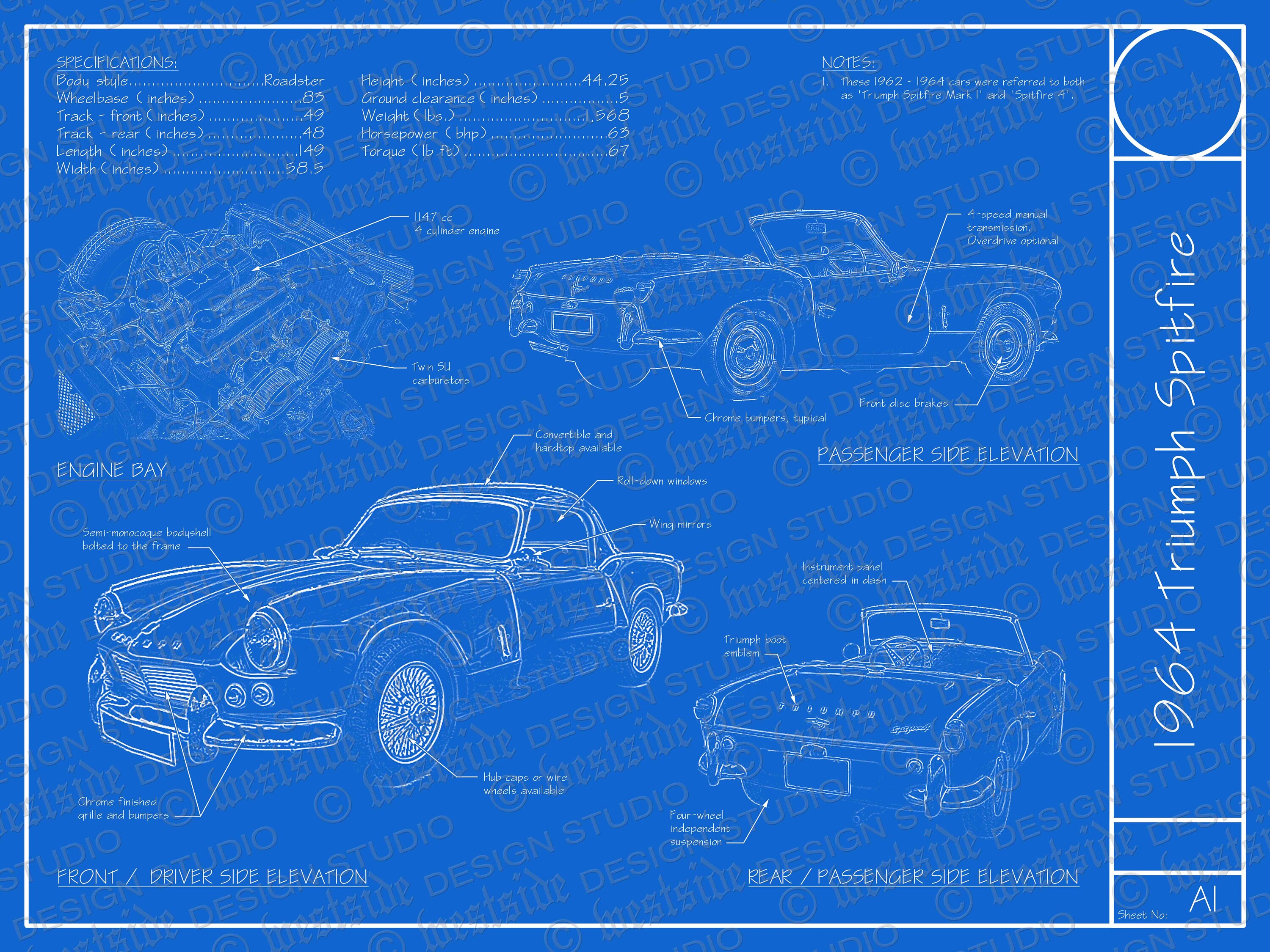 1964 Triumph Spitfire Blueprint Poster 18"x24" (digital Image File ...