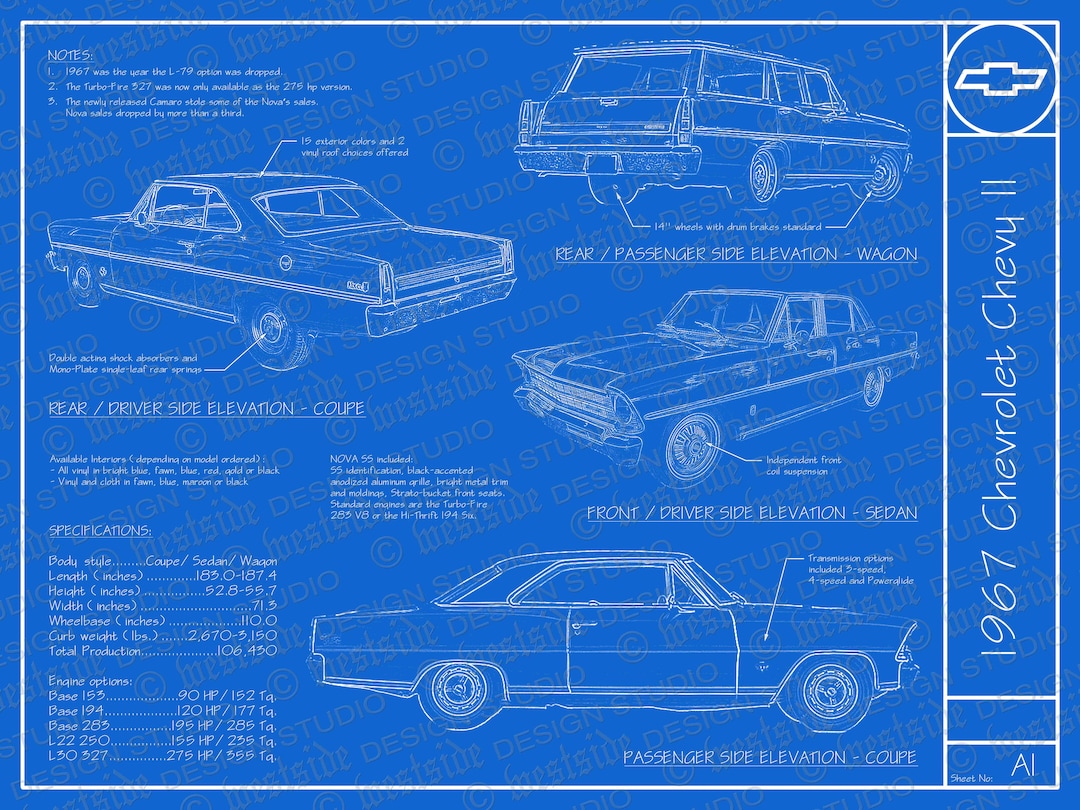 1967 Chevrolet Chevy II / Nova Blueprint Poster 18"x24" (JPEG Image ...