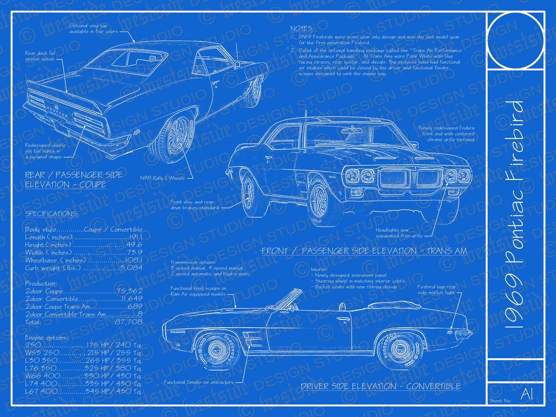 1969 Pontiac Firebird / Trans Am Blueprint Poster 18"x24" (digital ...
