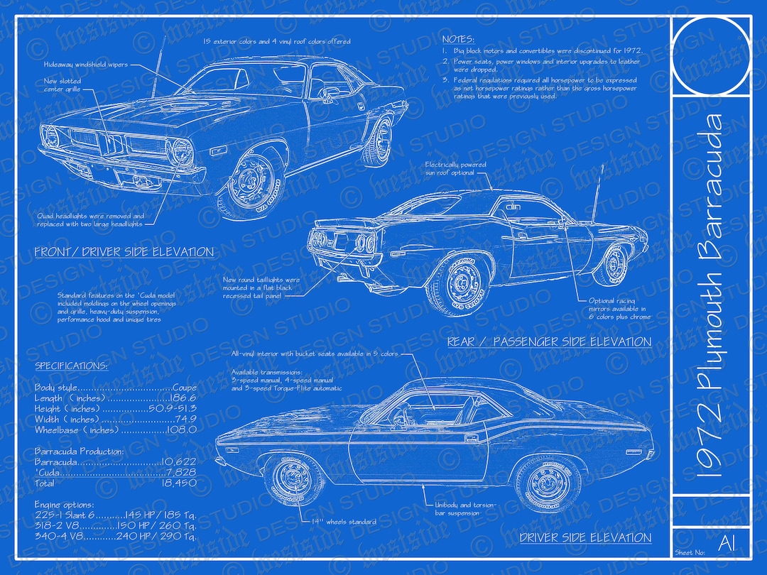 1972 Plymouth Barracuda Blueprint Poster 18"x24" (digital Image File ...
