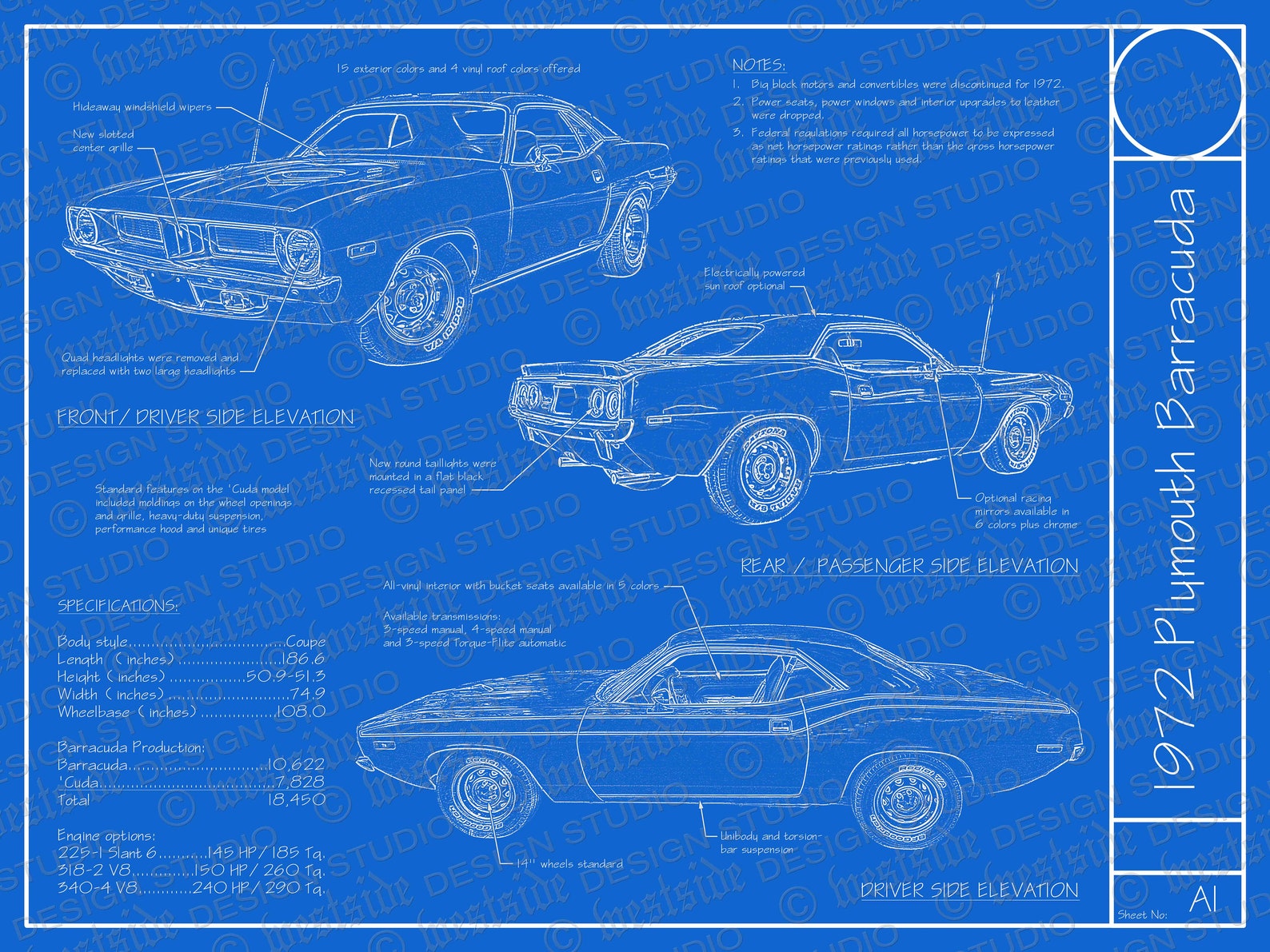 1972 Plymouth Barracuda Blueprint Poster 18"x24" (digital Image File ...
