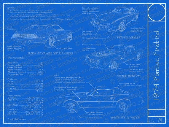 1974 Pontiac Firebird / Trans Am Blueprint Poster | Etsy