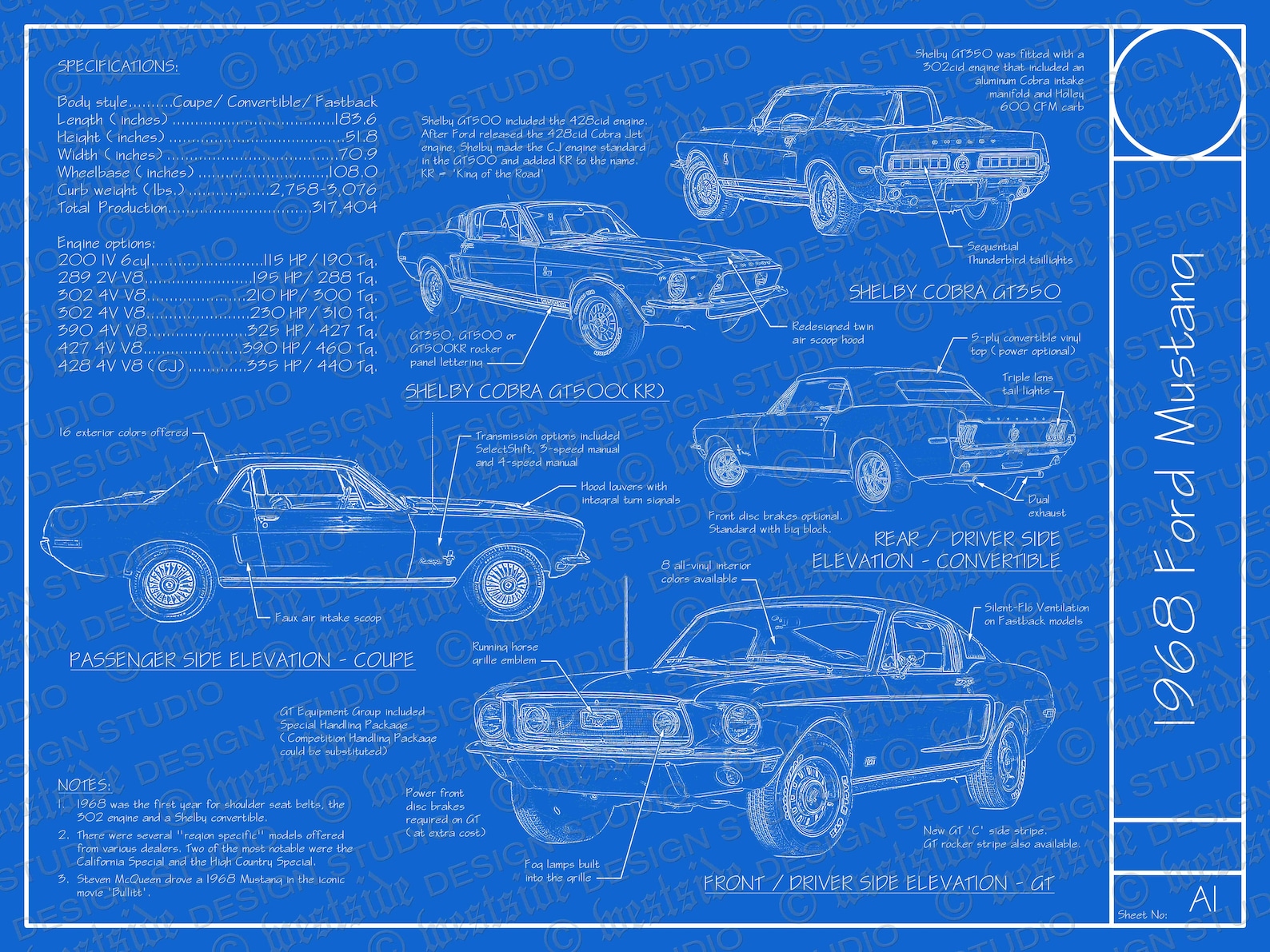 1968 Ford Mustang Blueprint Poster 18"x24" (digital Image File) - Etsy