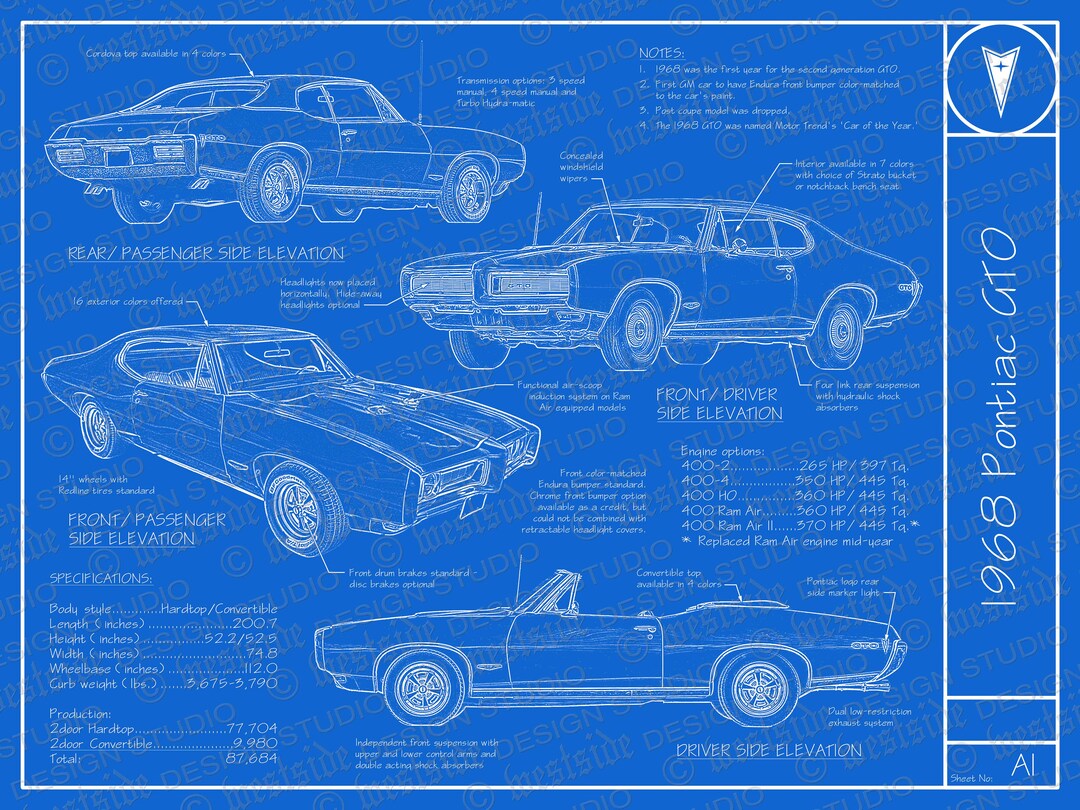 1968 Pontiac GTO Blueprint Poster 18"x24" (digital Image File) - Etsy