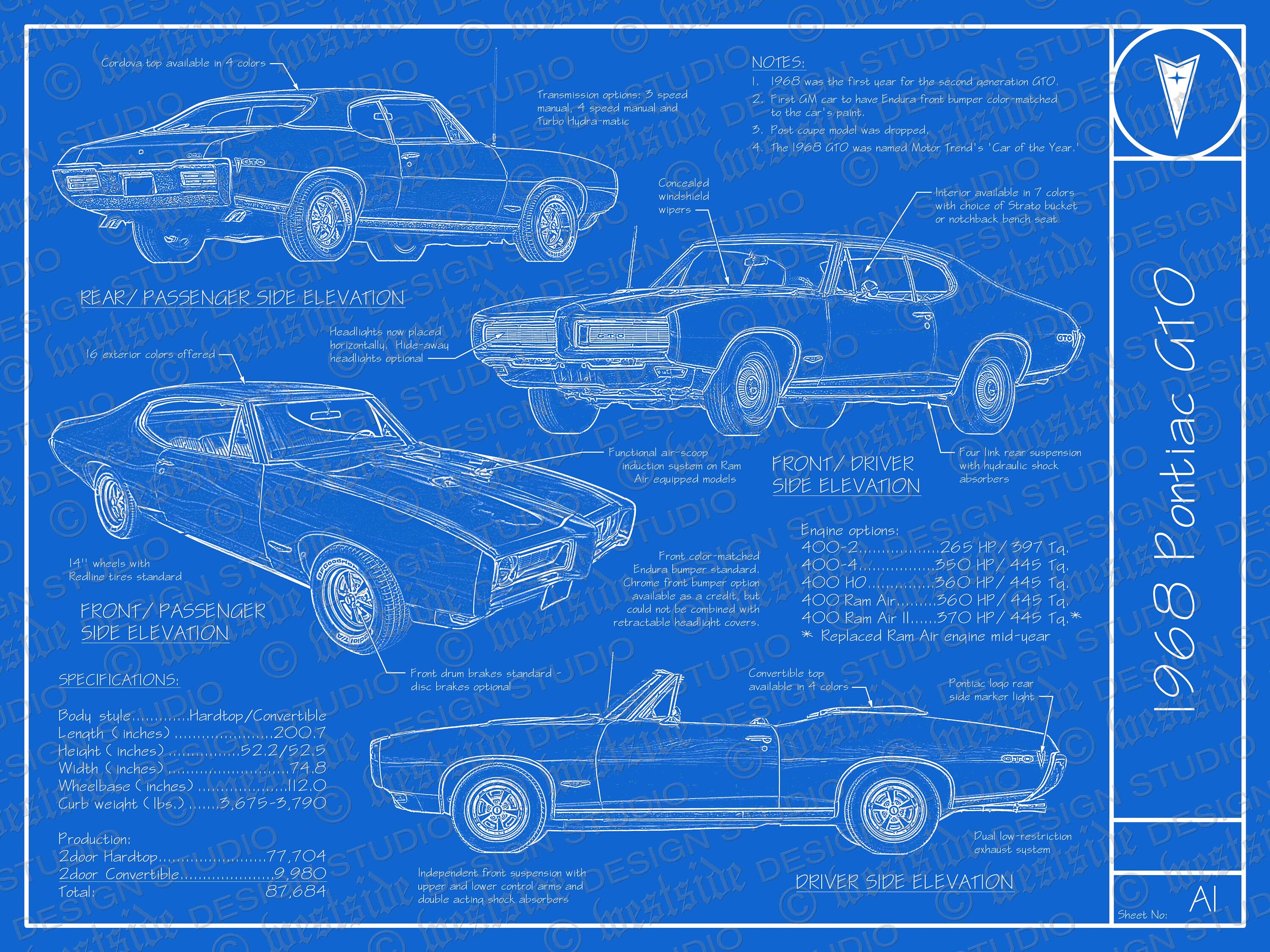 1968 Pontiac GTO Blueprint Poster 18"x24" (digital Image File) - Etsy ...