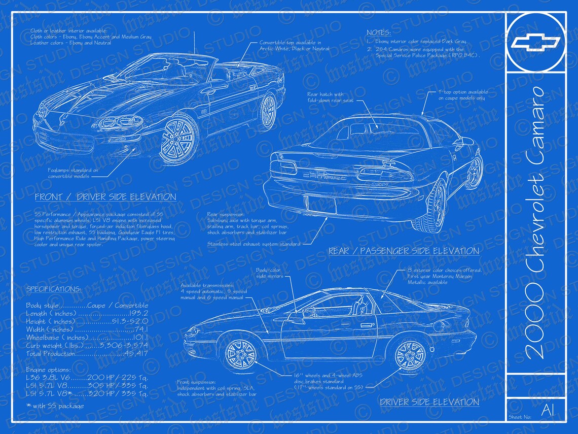 2000 Chevrolet Camaro Blueprint Poster 18"x24" (JPEG Image File) - Etsy