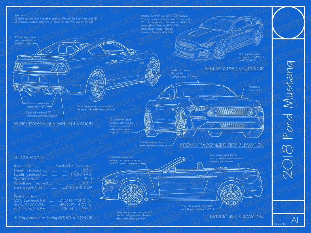 2018 Ford Mustang Blueprint Poster 18"x24" (digital Image File) - Etsy
