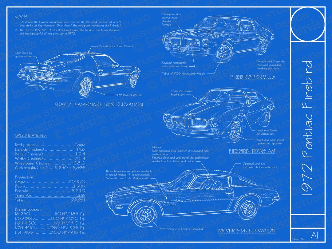 1972 Pontiac Firebird / Trans Am Blueprint Poster 18"x24" (digital ...