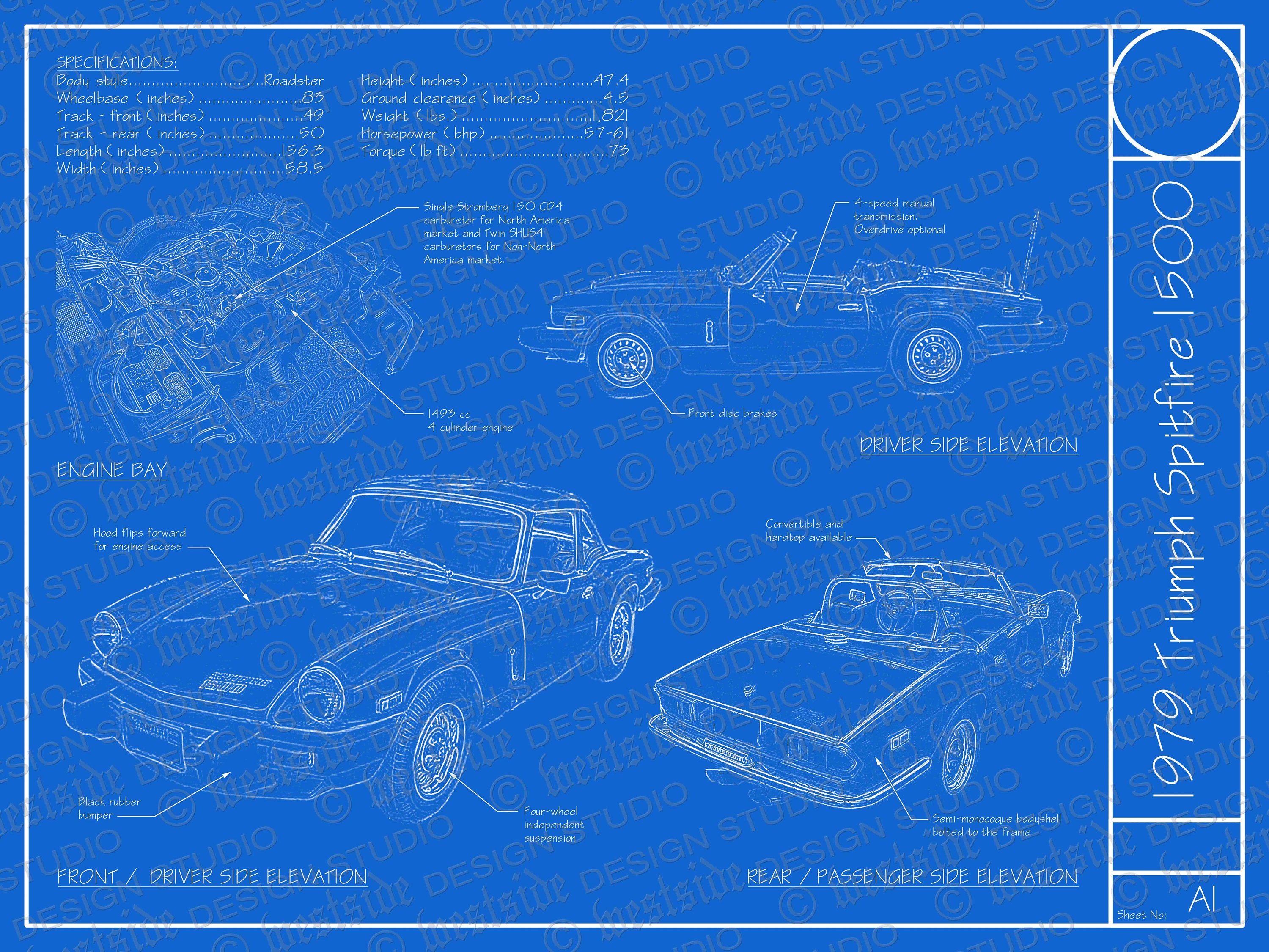 1979 Triumph Spitfire 1500 Blueprint Poster 18"x24" (digital Image File ...