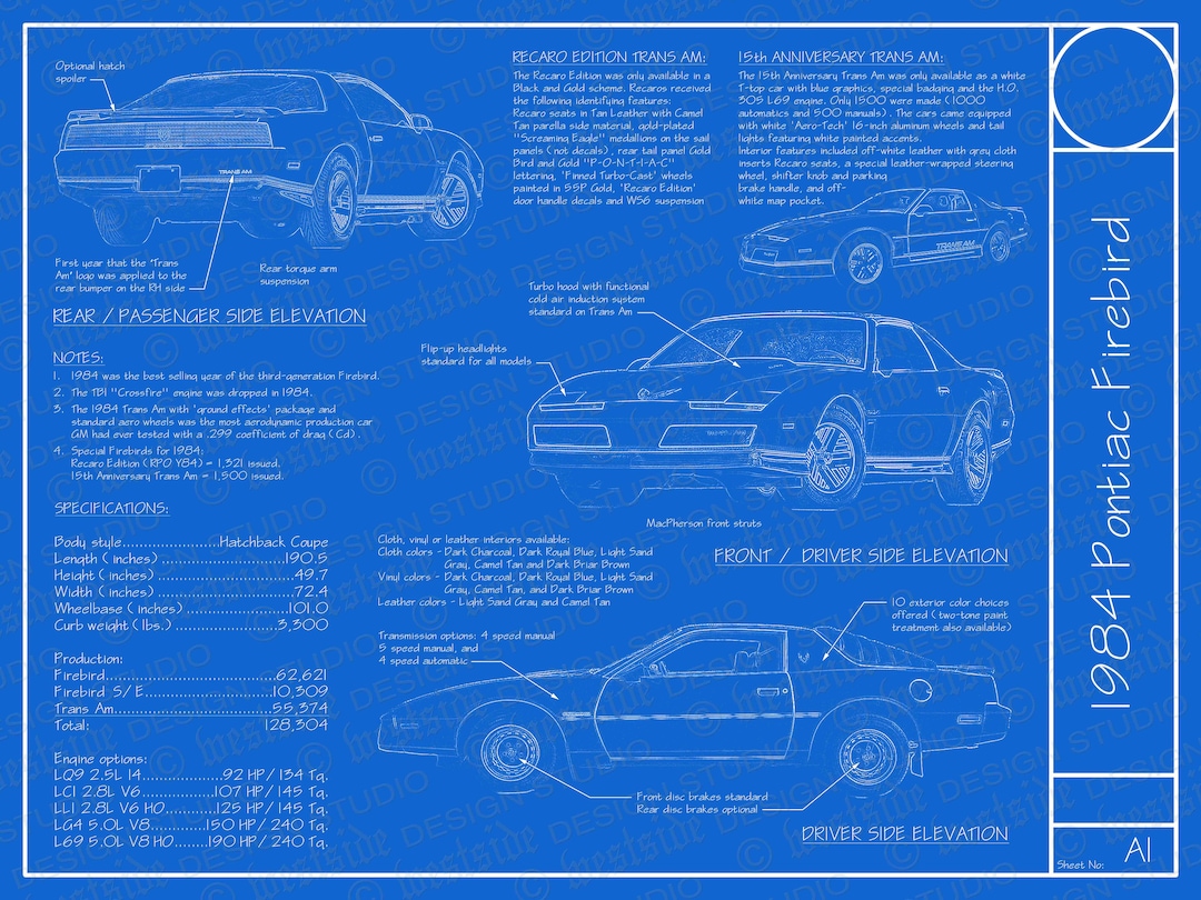 1984 Pontiac Firebird / Trans Am Blueprint Poster 18"x24" (digital ...
