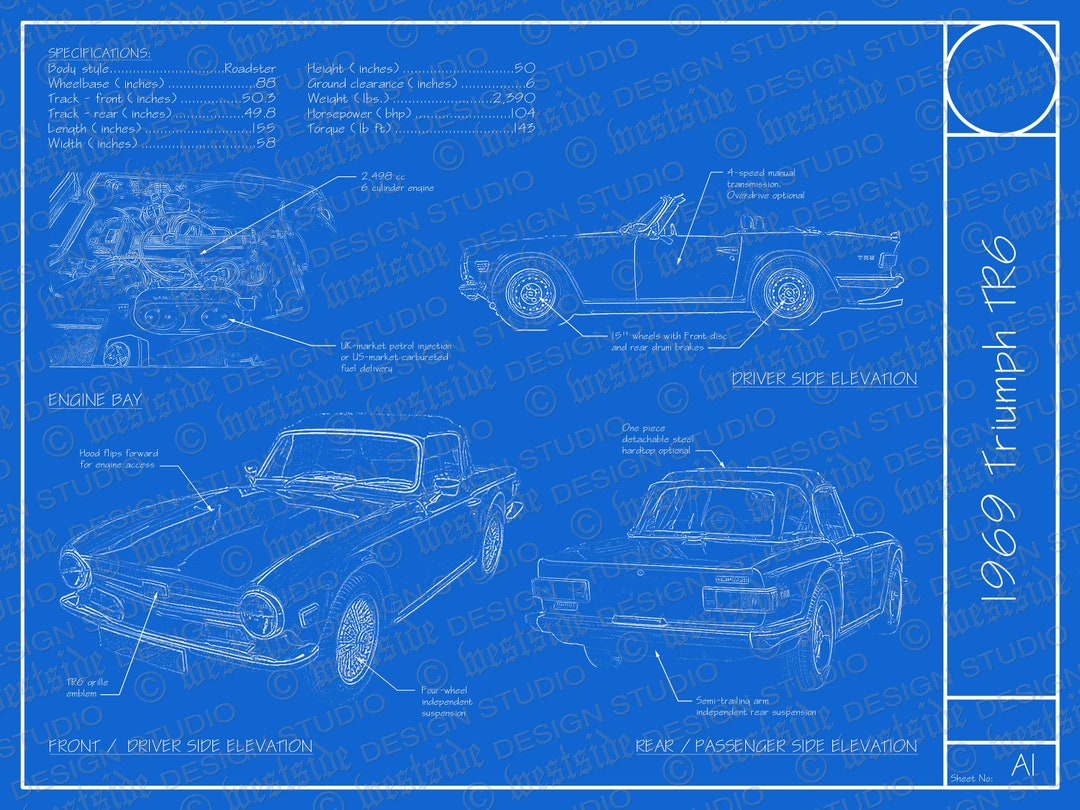 1969 Triumph TR6 Blueprint Poster 18"x24" (digital Image File) - Etsy