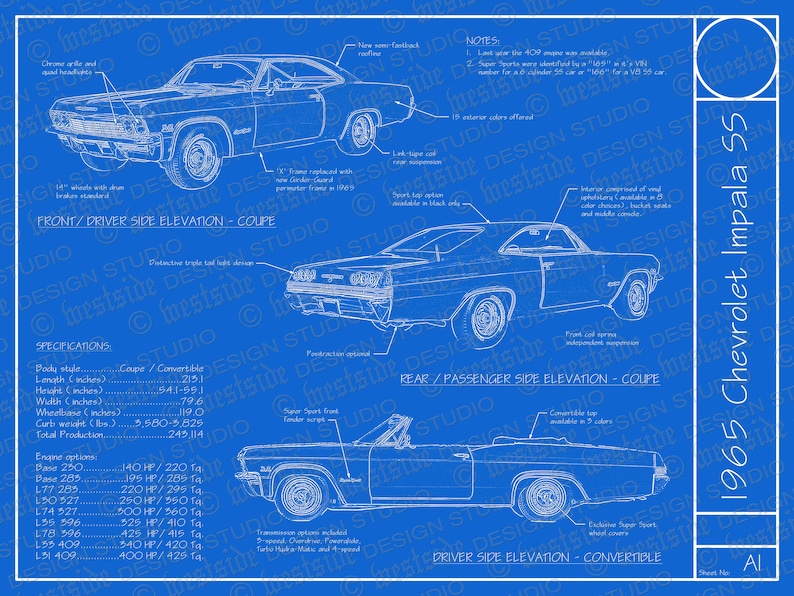 1965 Chevrolet Impala SS Blueprint Poster 18"x24" (digital Image File ...