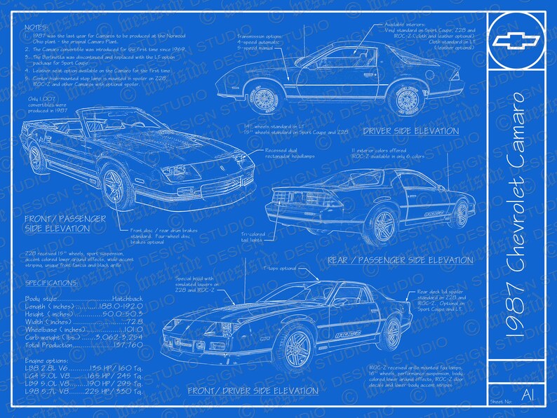 1987 Chevrolet Camaro Blueprint Poster 18"x24" (JPEG Image File) - Etsy