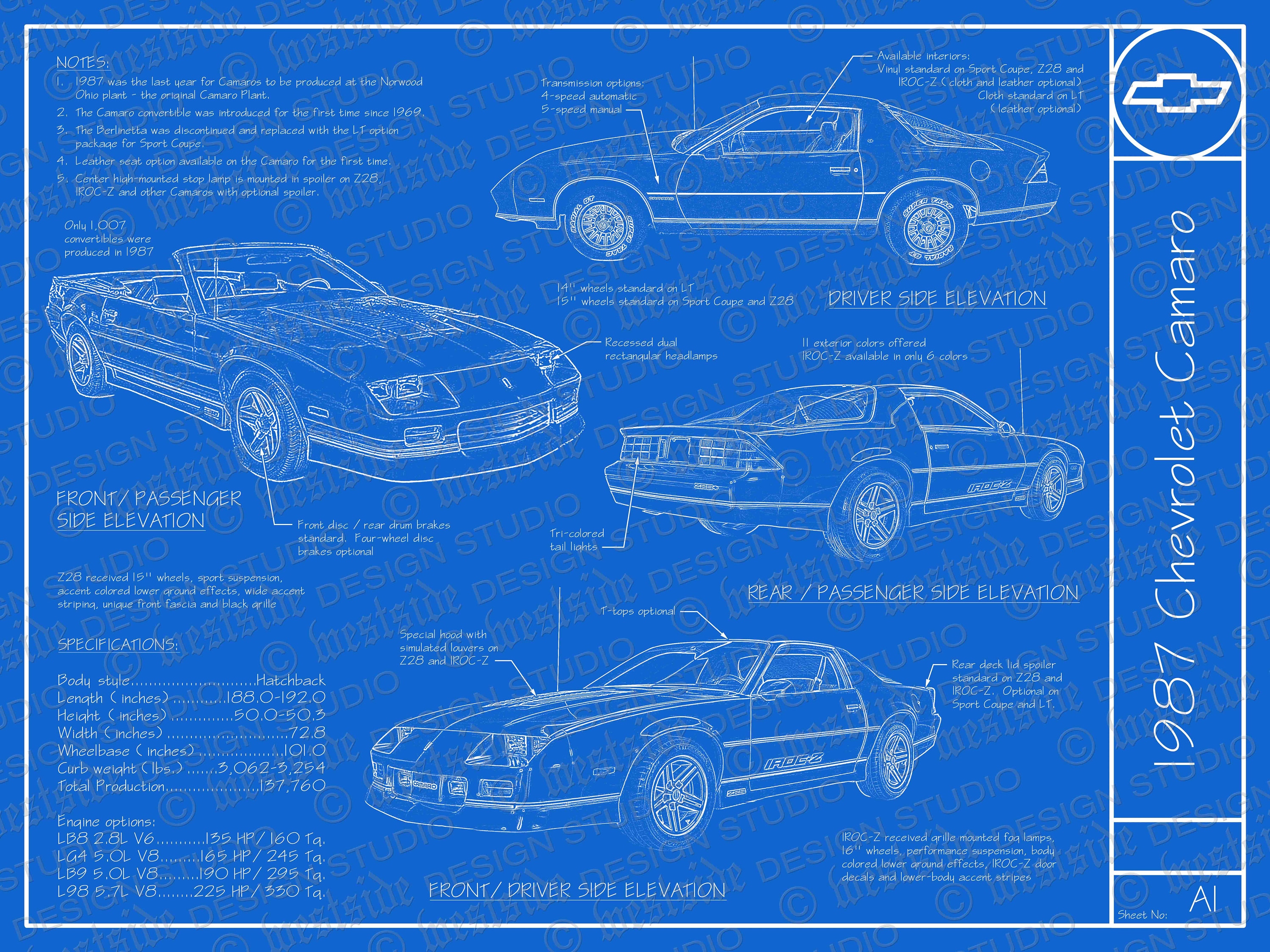 1987 Chevrolet Camaro Blueprint Poster 18"x24" (JPEG Image File) - Etsy ...