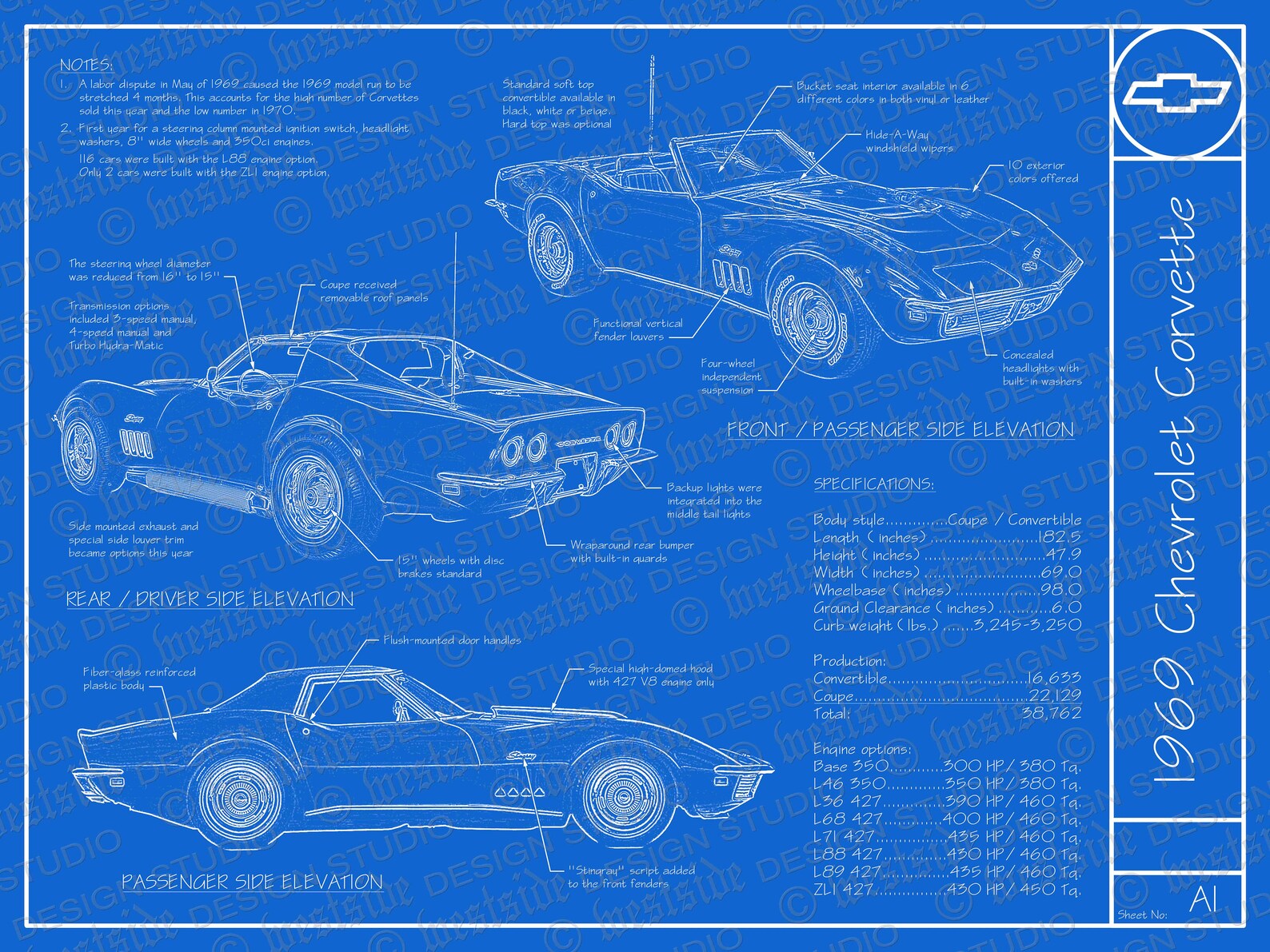 1969 Chevrolet Corvette Blueprint Poster 18"x24" (JPEG Image File) - Etsy