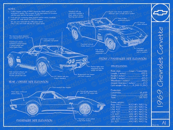 1969 Chevrolet Corvette blueprint poster 18x24 | Etsy