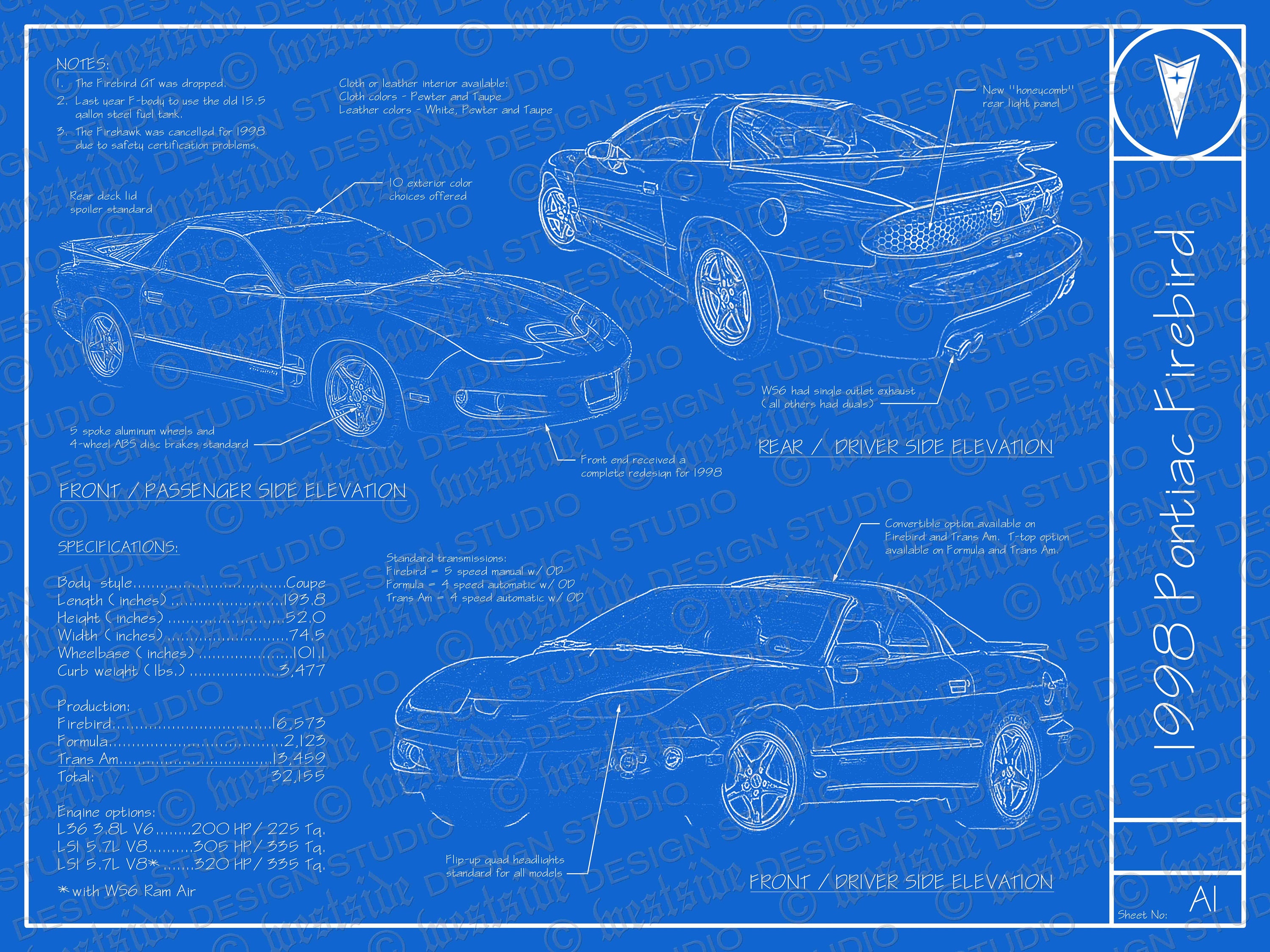 1998 Pontiac Firebird / Trans Am blueprint poster | Etsy
