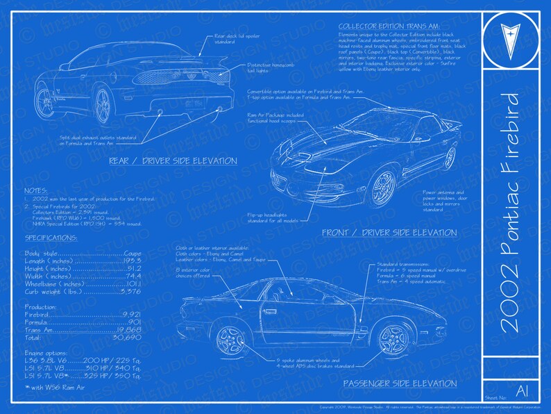 2002 Pontiac Firebird / Trans Am blueprint poster | Etsy