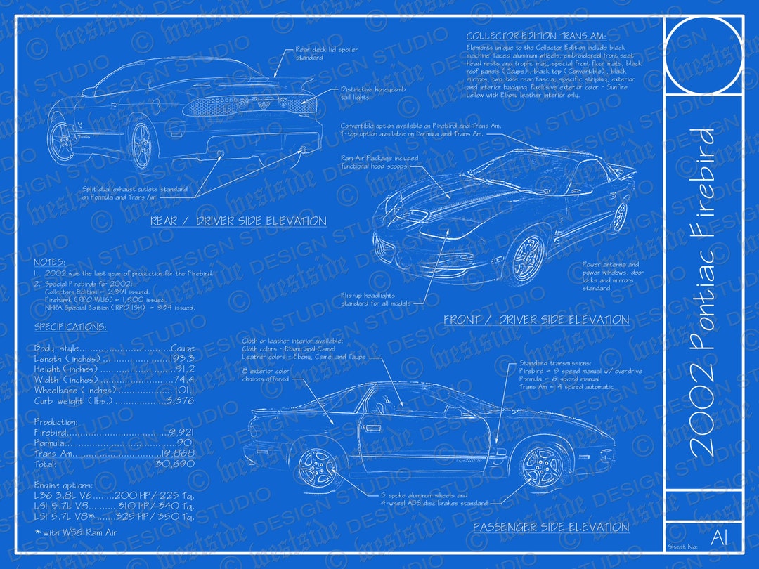 2002 Pontiac Firebird / Trans Am Blueprint Poster 18"x24" (digital ...