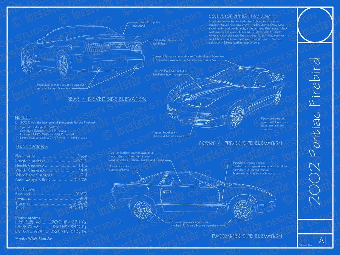 2002 Pontiac Firebird / Trans Am Blueprint Poster 18x24 digital Image ...