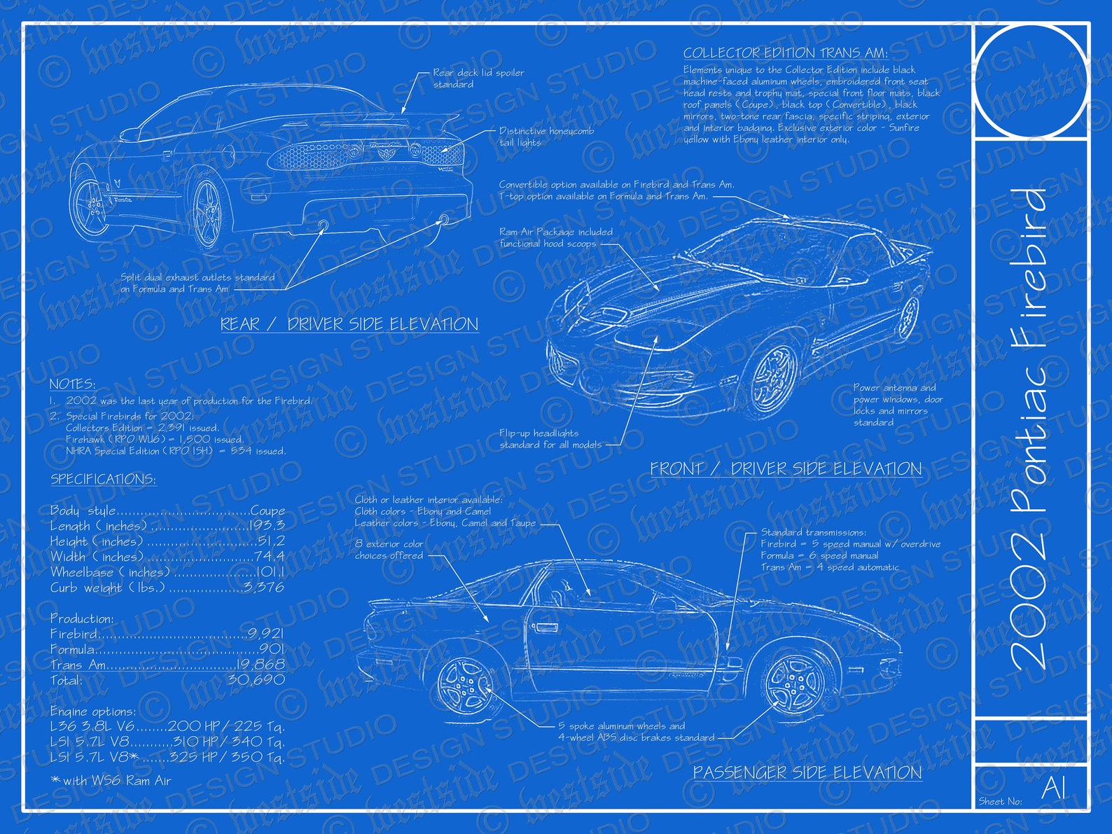 2002 Pontiac Firebird / Trans Am Blueprint Poster 18x24 digital Image ...