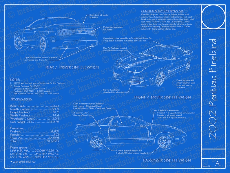 2002 Pontiac Firebird / Trans Am Blueprint Poster 18x24 digital Image ...