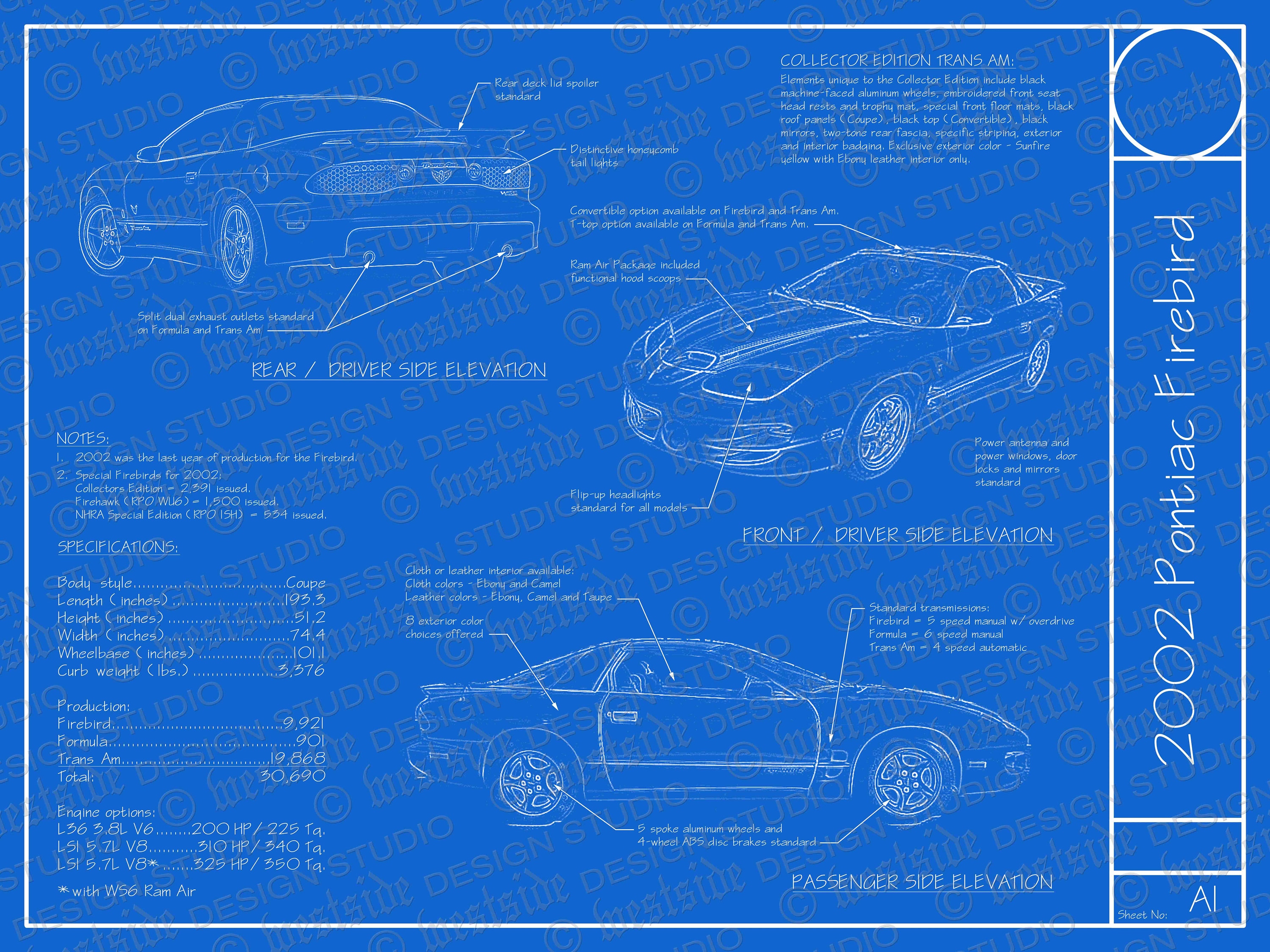 2002 Pontiac Firebird / Trans Am Blueprint Poster - Etsy