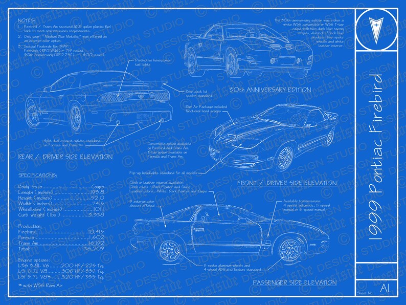 1999 Pontiac Firebird / Trans Am blueprint poster | Etsy