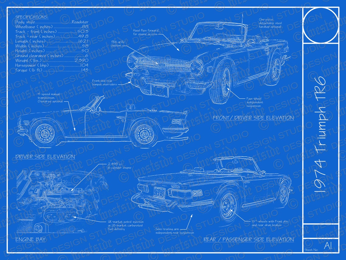 1974 Triumph TR6 Blueprint Poster 18x24 digital - Etsy