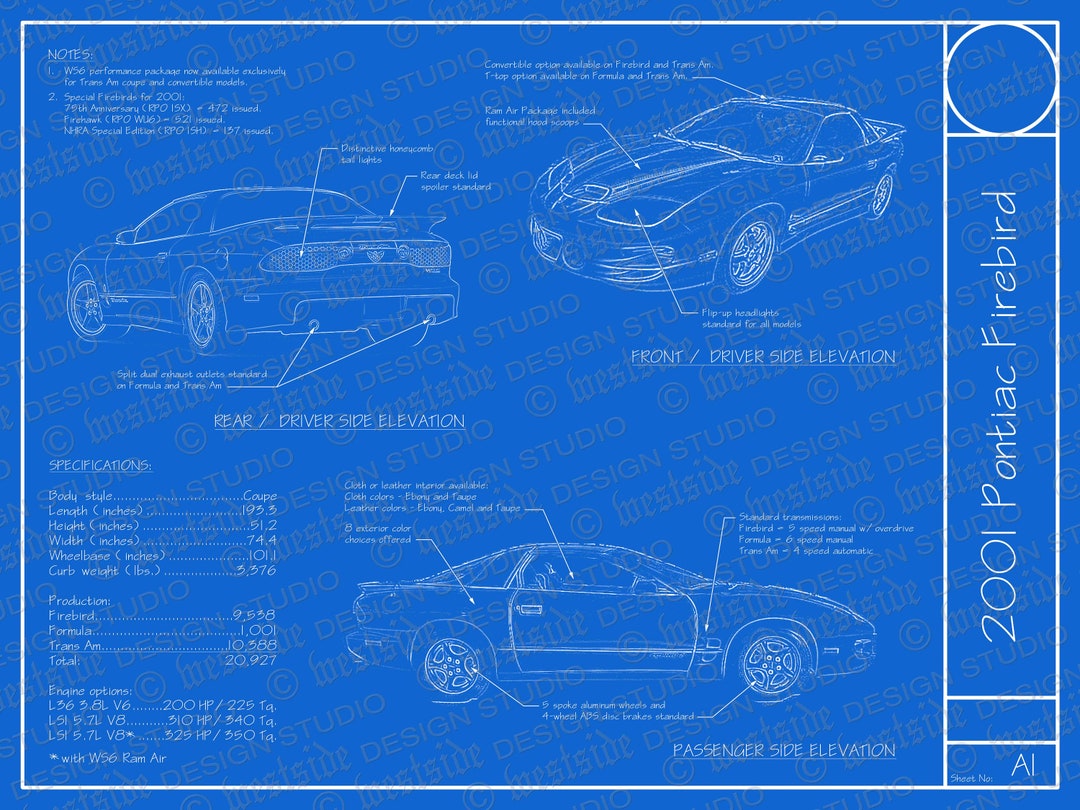 2001 Pontiac Firebird / Trans Am Blueprint Poster 18"x24" (digital ...