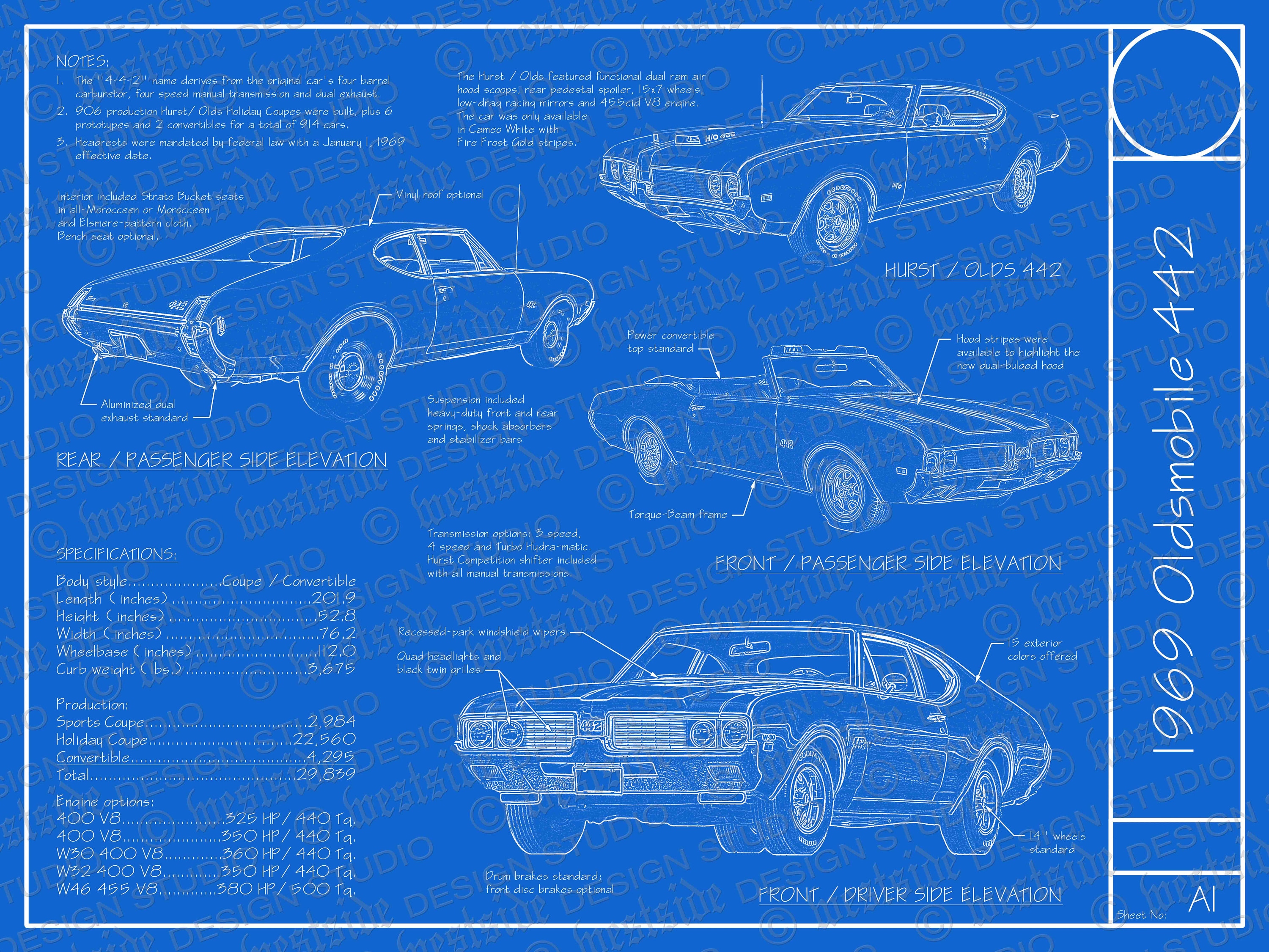 1969 Oldsmobile 442 Blueprint Poster 18"x24" (digital Image File) - Etsy