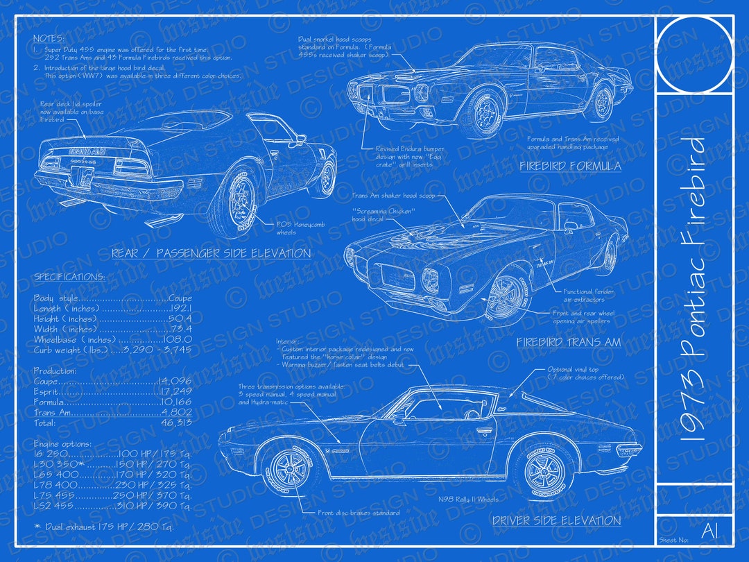 1973 Pontiac Firebird / Trans Am Blueprint Poster 18"x24" (digital ...