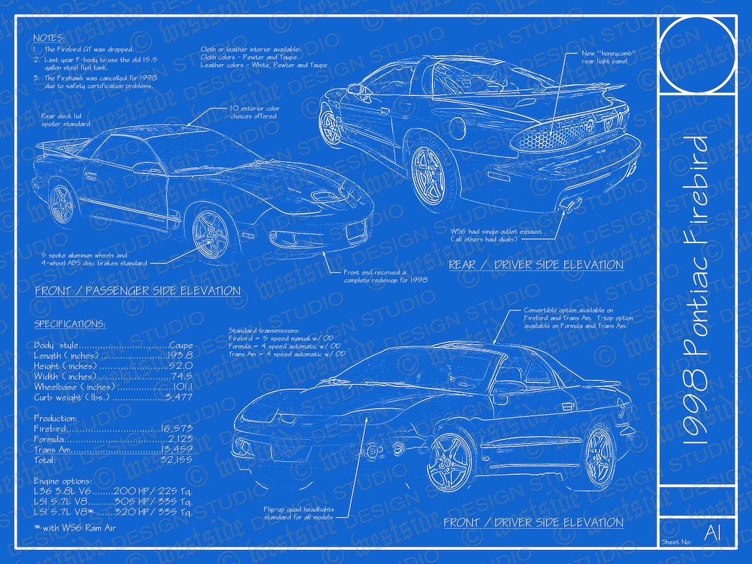 1998 Pontiac Firebird / Trans Am Blueprint Poster 18"x24" (digital ...