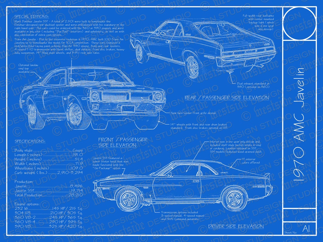 1970 AMC Javelin Blueprint Poster 18"x24" (digital Image File) - Etsy