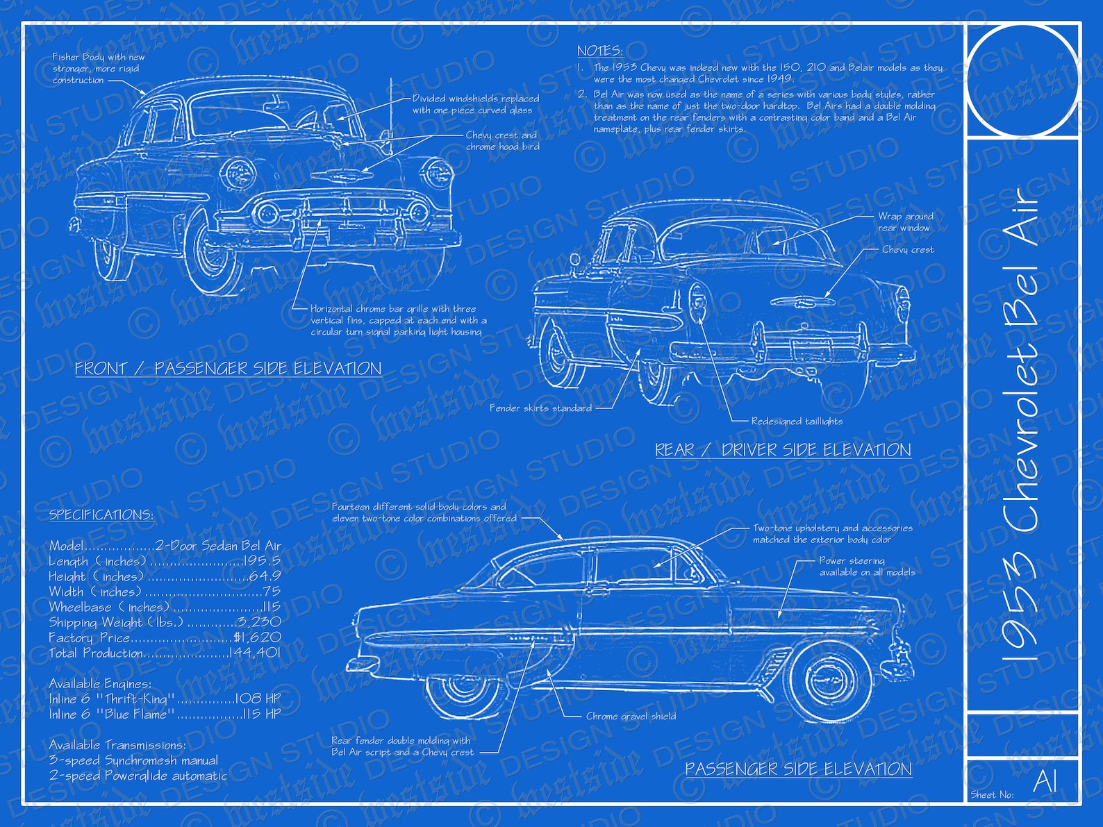 1953 Chevrolet 2-door / 4-door Bel Air Blueprint Poster 18"x24 ...