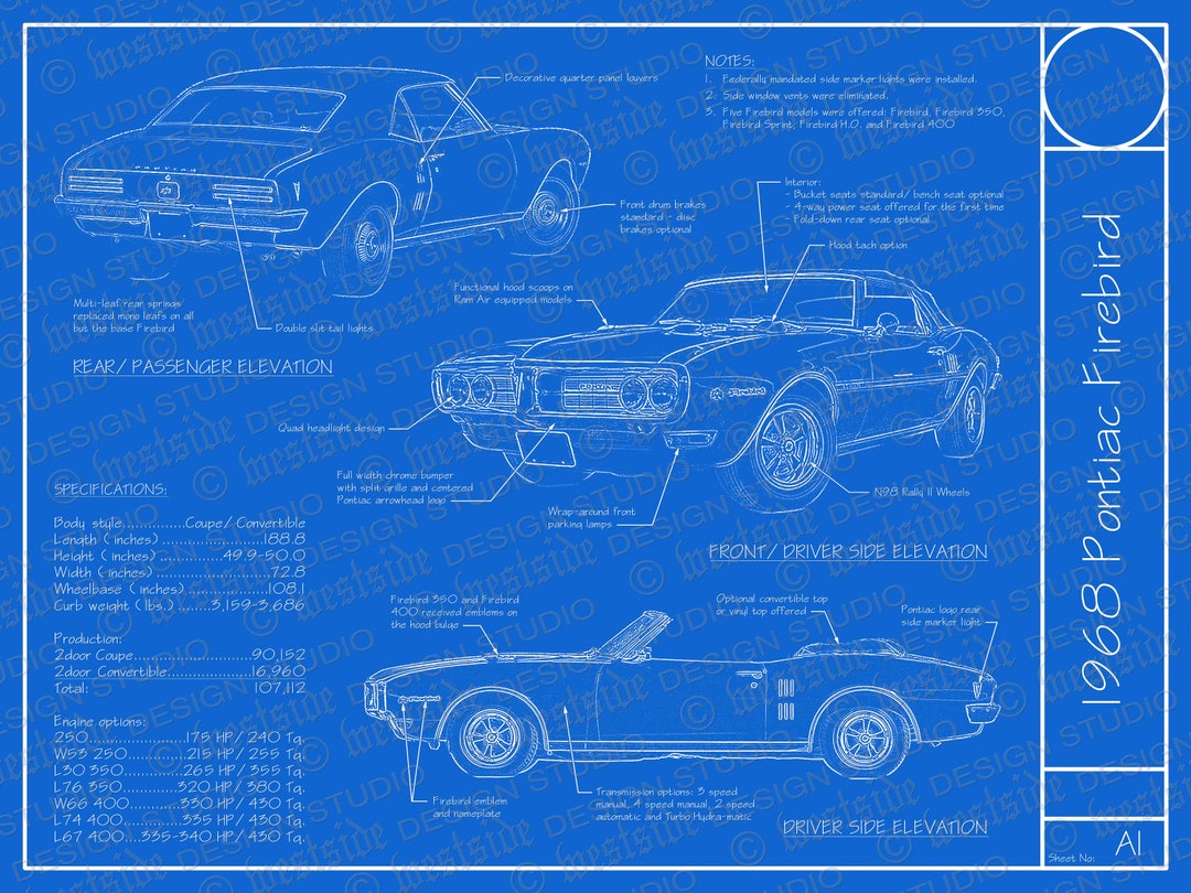 1968 Pontiac Firebird Blueprint Poster 18"x24" (digital Image File) - Etsy