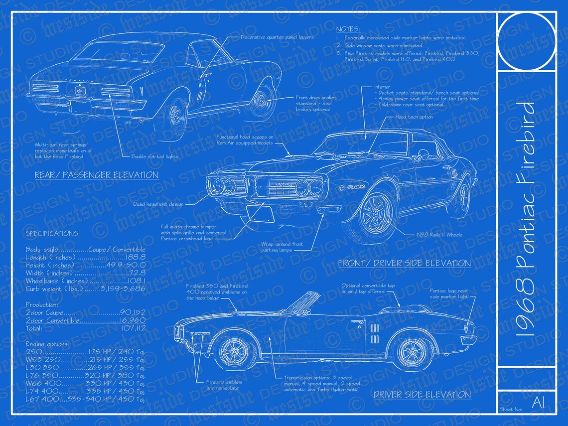 1968 Pontiac Firebird Blueprint Poster 18x24 - Etsy