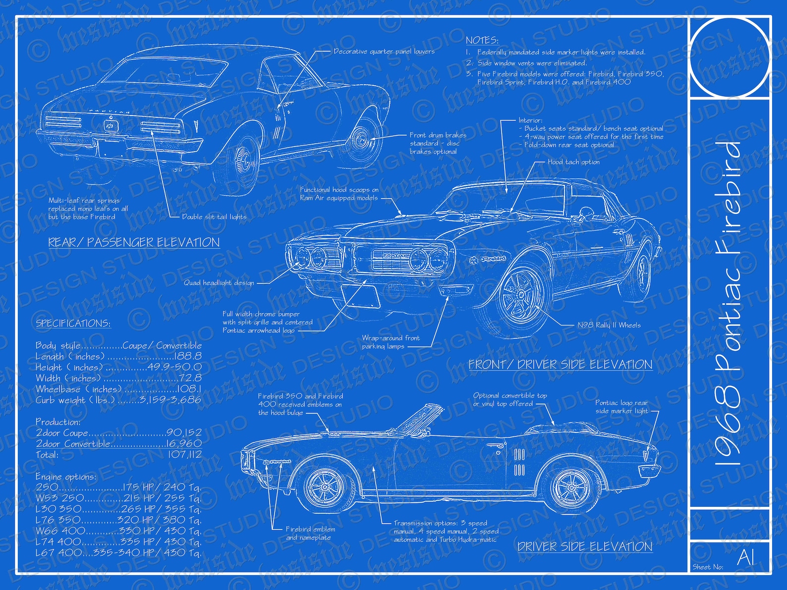 1968 Pontiac Firebird Blueprint Poster 18"x24" (digital Image File) - Etsy
