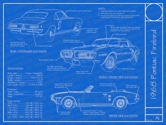 1968 Pontiac Firebird blueprint poster 18x24 | Etsy