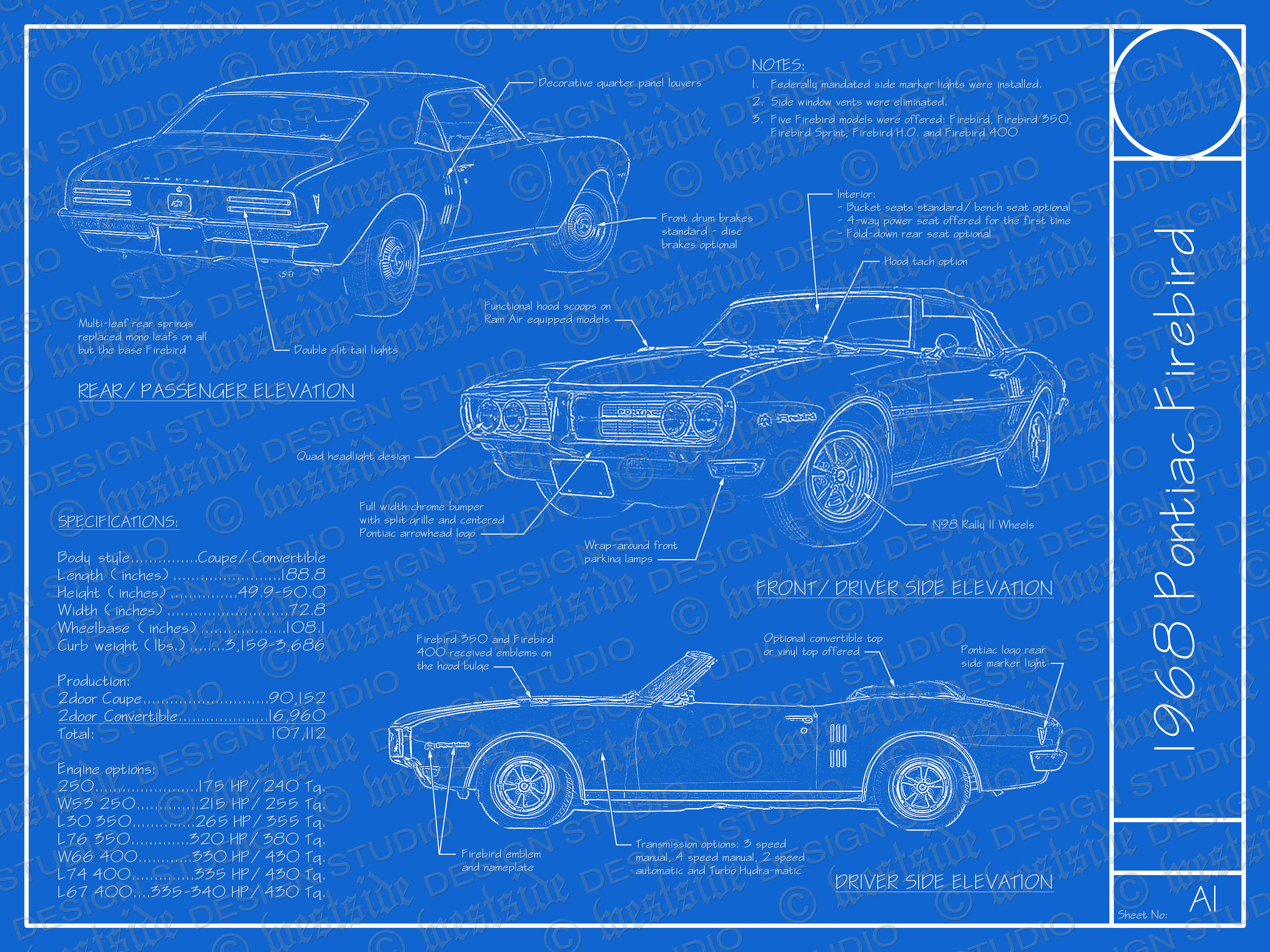 1968 Pontiac Firebird Blueprint Poster 18"x24" (digital Image File) - Etsy