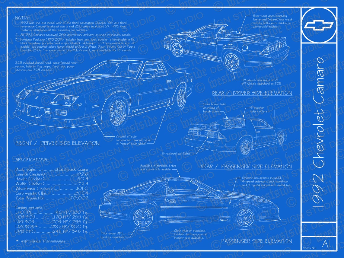 1992 Chevrolet Camaro Blueprint Poster 18x24 JPEG | Etsy
