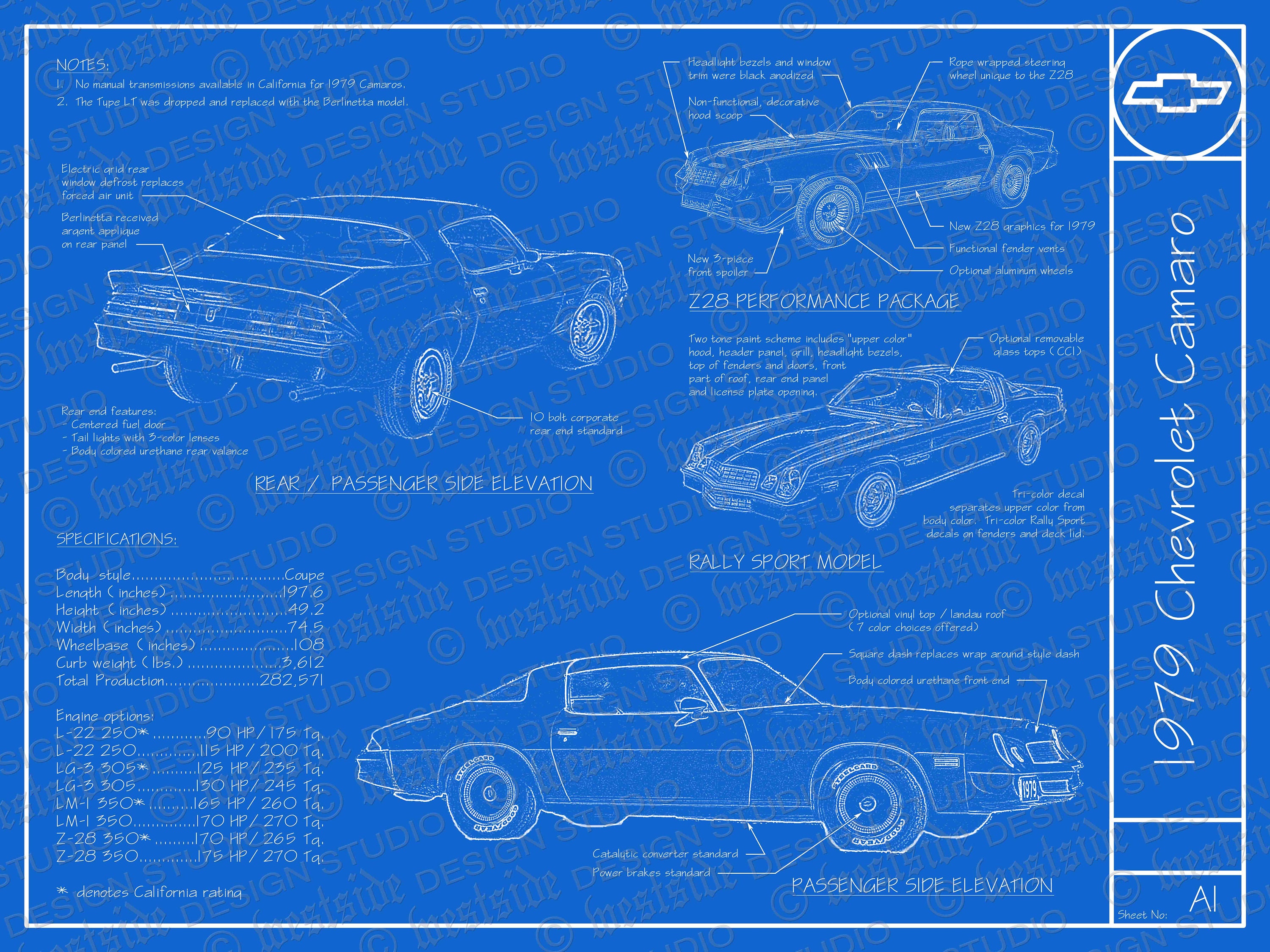 1979 Chevrolet Camaro Blueprint Poster 18"x24" (JPEG Image File) - Etsy