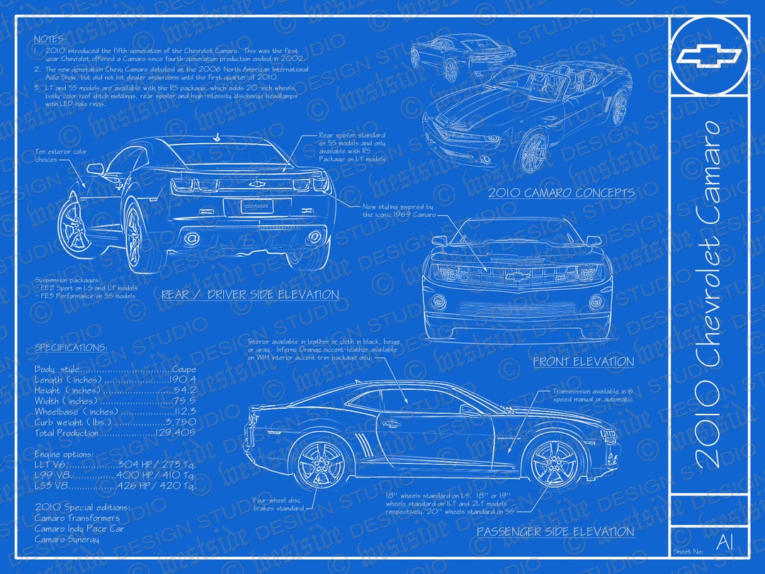 2010 Chevrolet Camaro Blueprint Poster 18"x24" (JPEG Image File) - Etsy