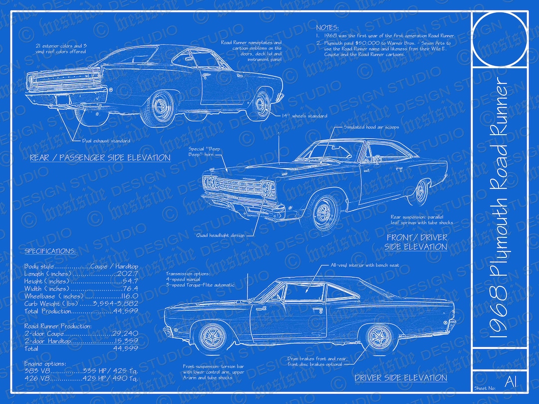 1968 Plymouth Road Runner Blueprint Poster 18"x24" (digital Image File ...