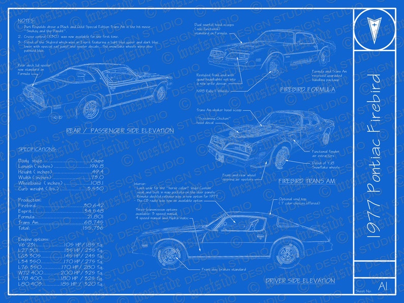 1977 Pontiac Firebird / Trans Am blueprint poster | Etsy