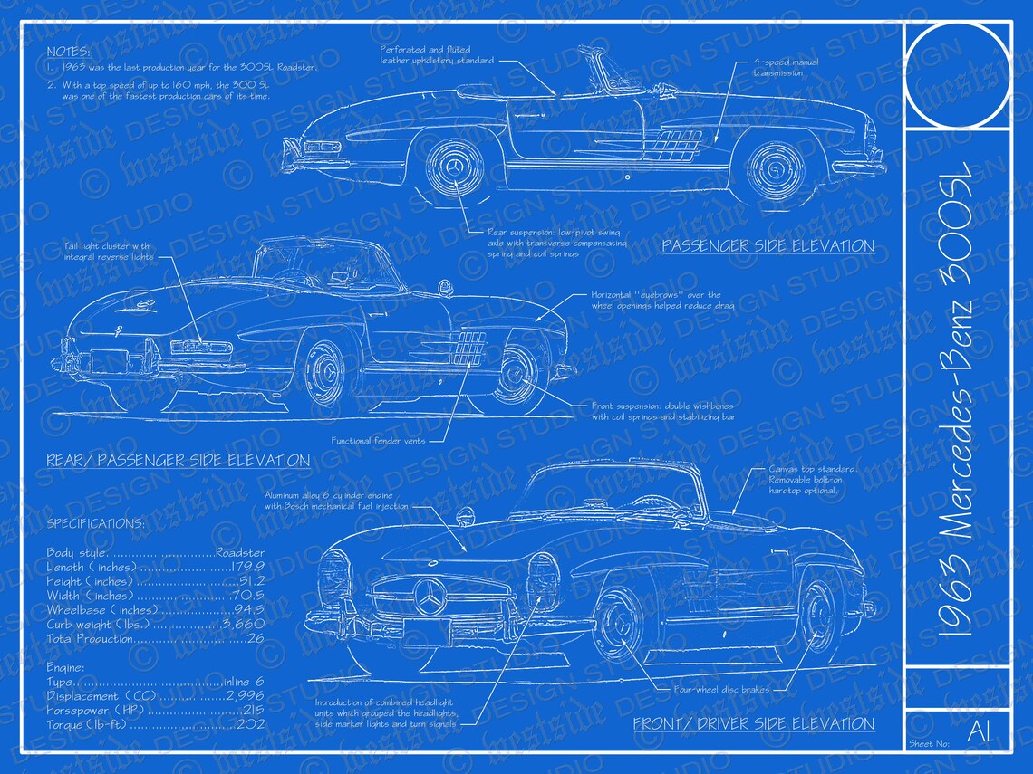 1963 Mercedes Benz 300SL Blueprint Poster 18x24 - Etsy