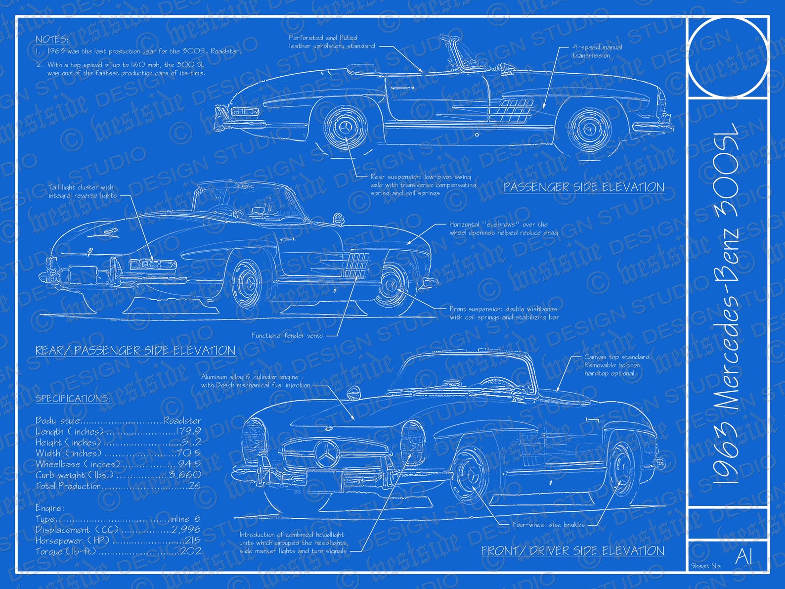 1963 Mercedes Benz 300SL Blueprint Poster 18x24 - Etsy
