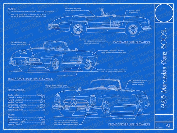 1963 Mercedes Benz 300SL Blueprint Poster 18x24 | Etsy
