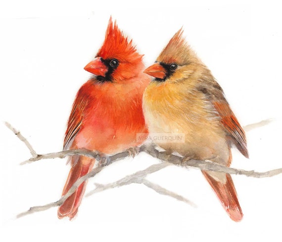 Giclée Summer Cardinal Pair Watercolor Print Art & Collectibles etna.com.pe